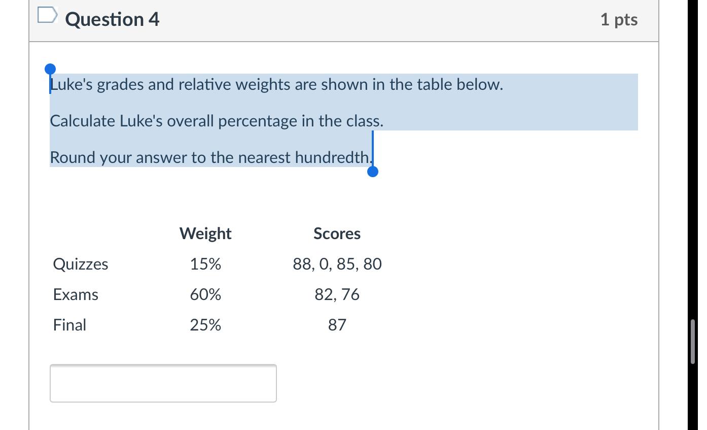 Solved Luke's grades and relative weights are shown in the | Chegg.com