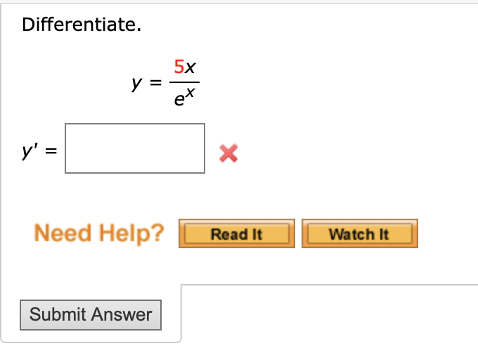 Solved Differentiate. y=ex5x y′= | Chegg.com