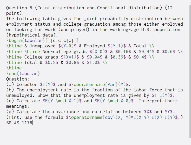 Solved Question 5 (Joint distribution and Conditional | Chegg.com