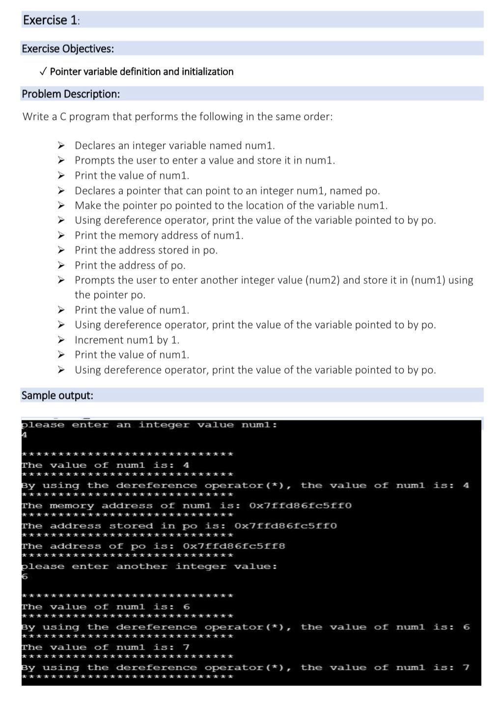 Solved Exercise 1: Exercise Objectives: Pointer variable | Chegg.com