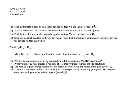 Solved The mathematical model for the DC motor shown in the | Chegg.com