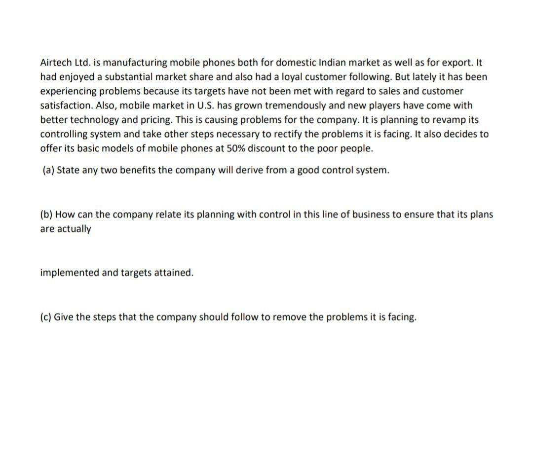 Solved Airtech Ltd. is manufacturing mobile phones both for | Chegg.com