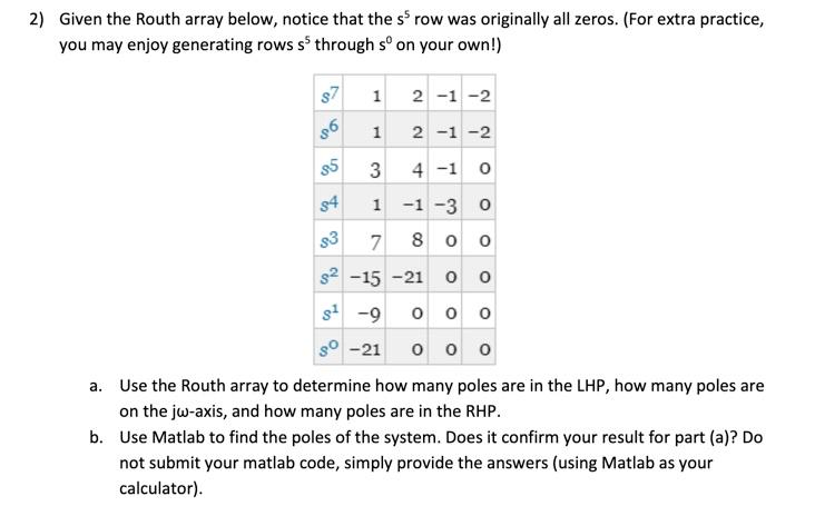 Solved 2) Given the Routh array below, notice that the s row | Chegg.com