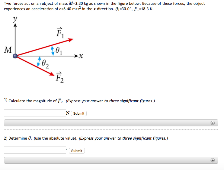 Solved Two forces act on an object of mass M-3.30 kg as | Chegg.com