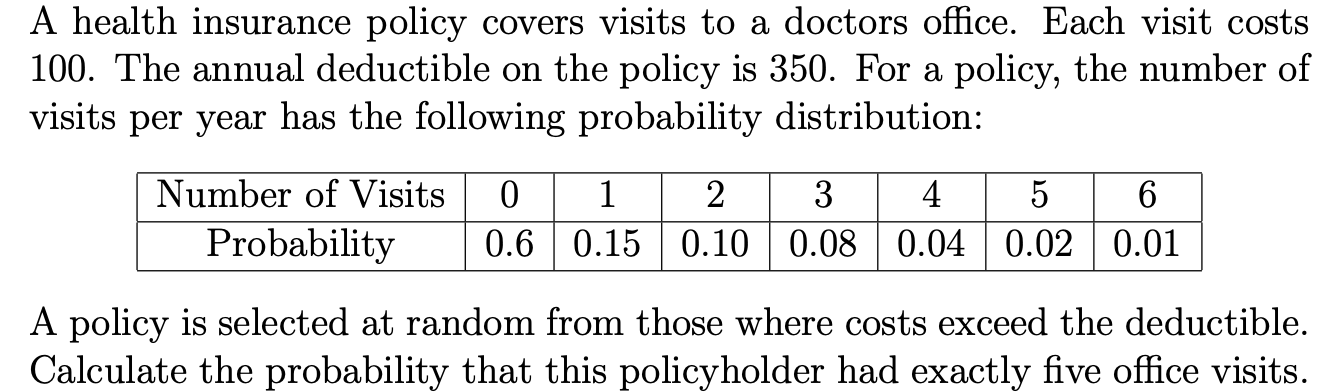 Solved A health insurance policy covers visits to a doctors | Chegg.com