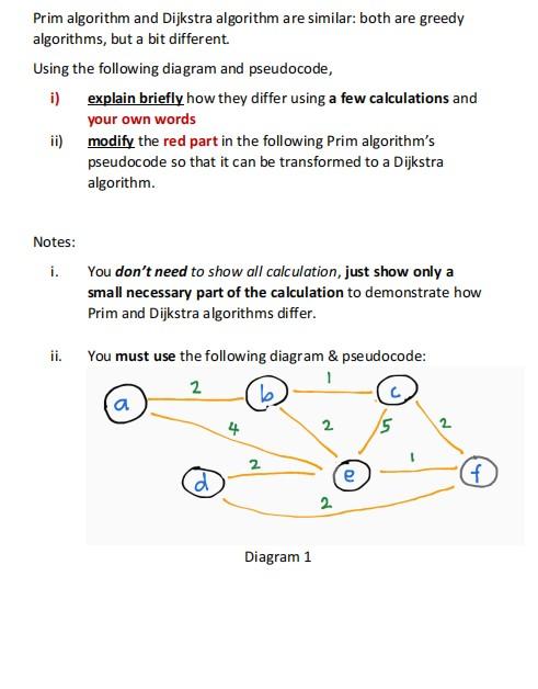Prim algorithm and Dijkstra algorithm are similar: | Chegg.com Prim algorithm and Dijkstra algorithm are similar: | Chegg.com