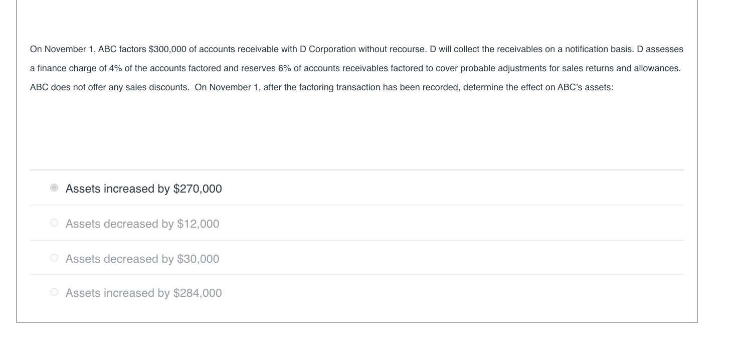 Solved On November 1, ABC factors $300,000 of accounts | Chegg.com