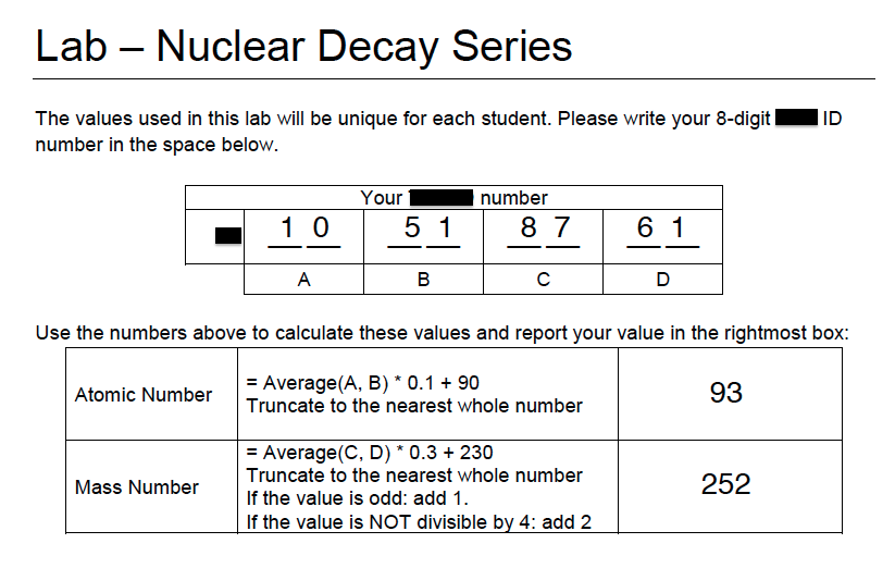 Lab - Nuclear Decay Series ID The values used in this | Chegg.com