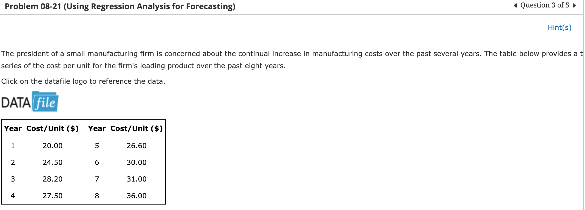Solved Problem 08-21 (Using Regression Analysis for | Chegg.com