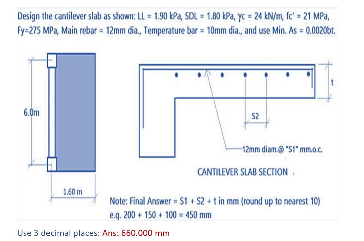 Solved Design the cantilever slab as shown: LL = 1.90 kPa, | Chegg.com