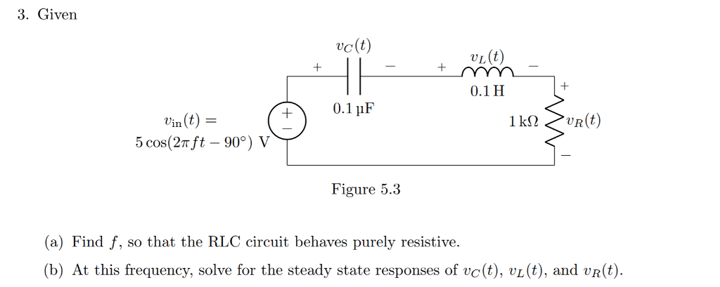 Solved 3. Given vc(t) vL (t) 0.1 H +0.1F Vin(t) 5 cos(2T ft | Chegg.com