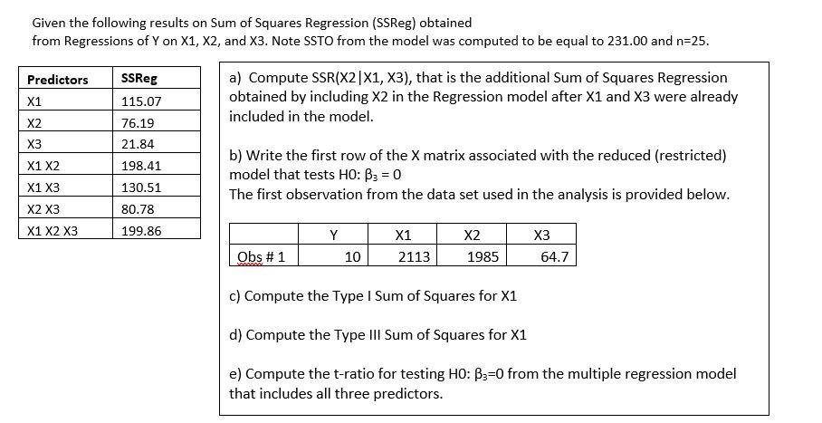 Solved Given the following results on Sum of Squares | Chegg.com