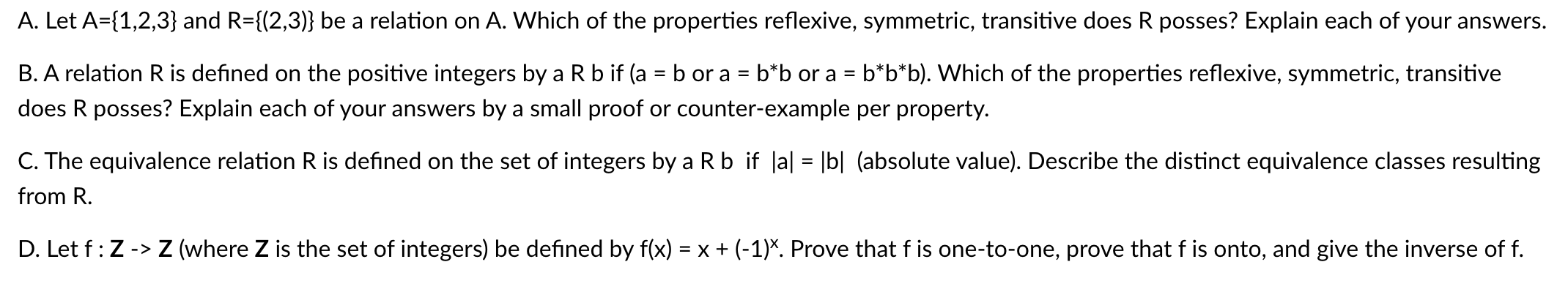 Solved A. Let A={1,2,3} and R={(2,3)} be a relation on A. | Chegg.com