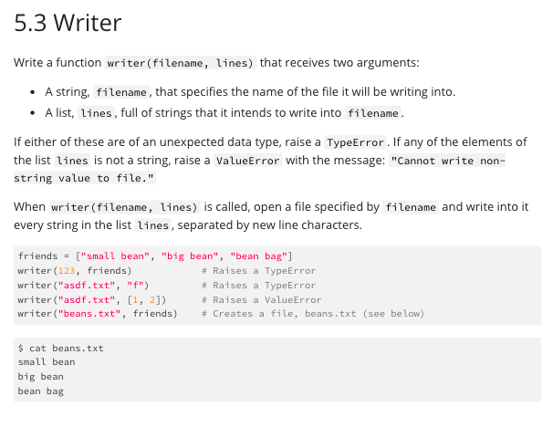 Solved 5.3 Writer Write a function writer (filename, lines) | Chegg.com