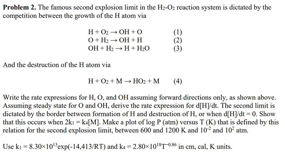 Problem 2. The famous second explosion limit in the | Chegg.com