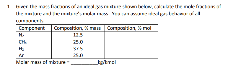 Solved 1. Given the mass fractions of an ideal gas mixture | Chegg.com