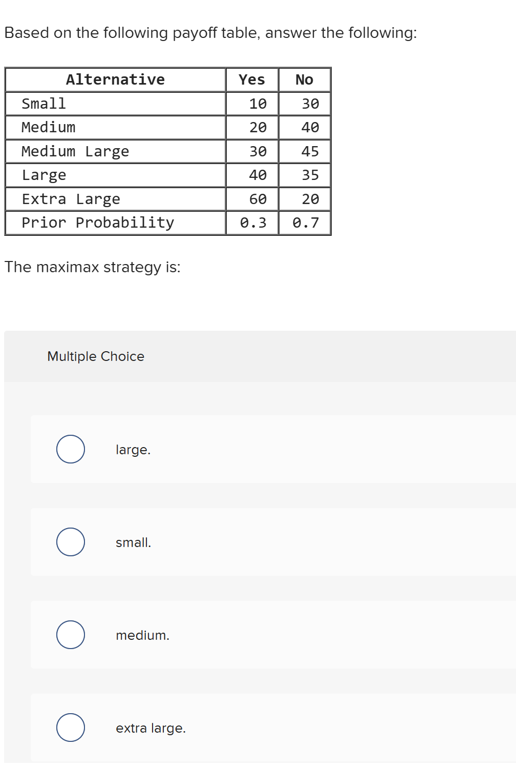 Solved Based on the following payoff table, answer the | Chegg.com