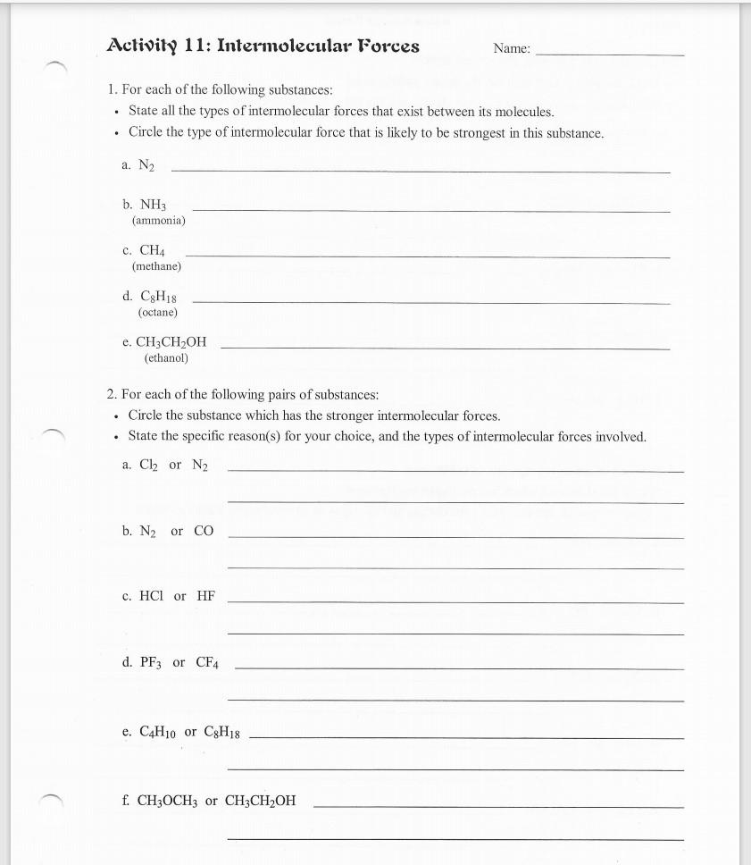 Solved Activity 11: Intermolecular Forces Name: 1. For each | Chegg.com
