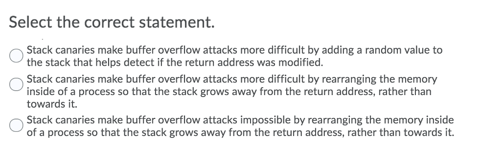 Solved Select The Correct Statement Stack Canaries Make 