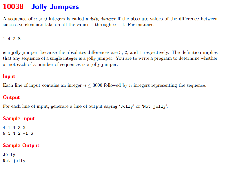 Solved A sequence of n > 0 integers is called a jolly jumper | Chegg.com