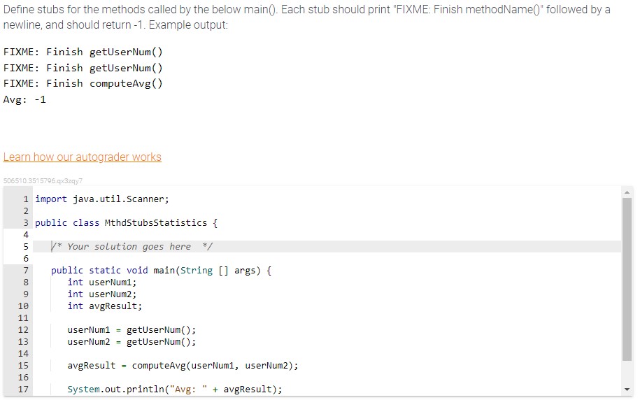 Solved Define stubs for the methods called by the below main | Chegg.com