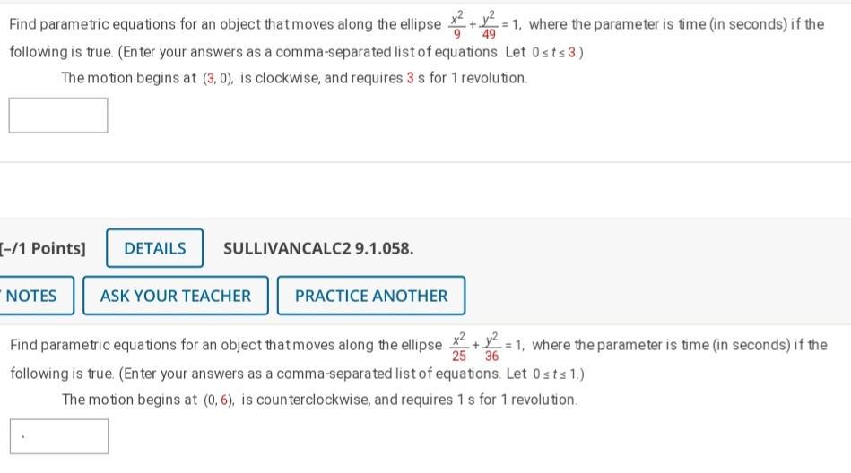 Solved 49 Find parametric equations for an object that moves | Chegg.com