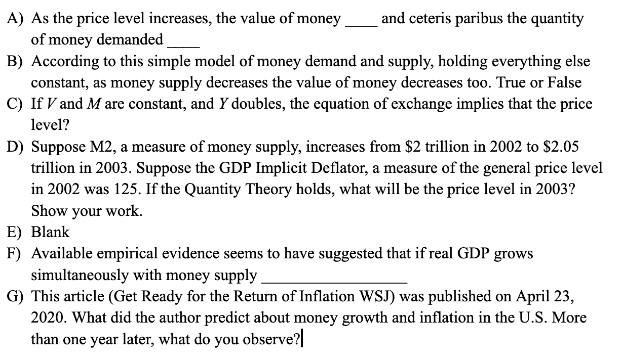 Solved A) As the price level increases, the value of money | Chegg.com