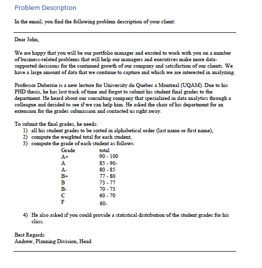 Solved Problem Description In the email, you find the | Chegg.com