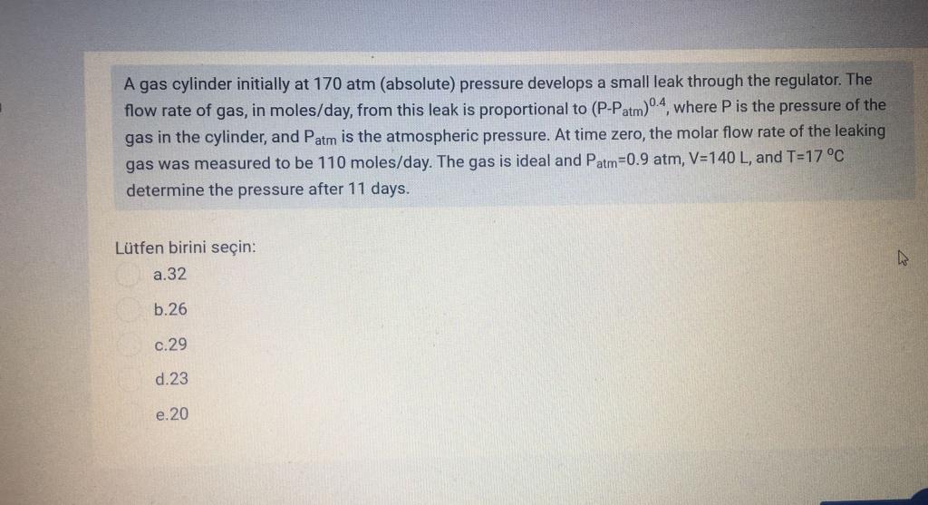 Solved A gas cylinder initially at 170 atm (absolute) | Chegg.com