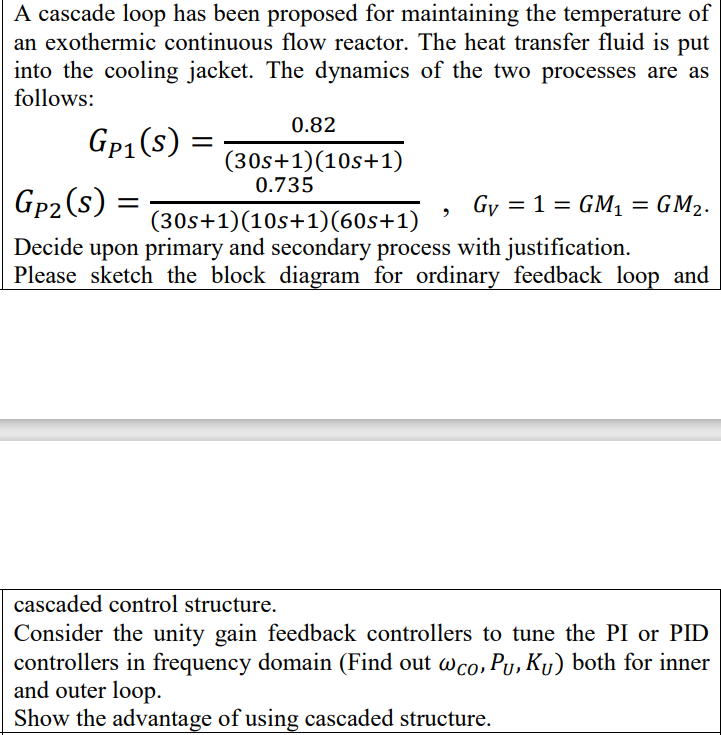 Solved A cascade loop has been proposed for maintaining the | Chegg.com