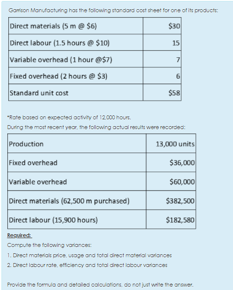 Solved Garrison Manufacturing has the following standard | Chegg.com