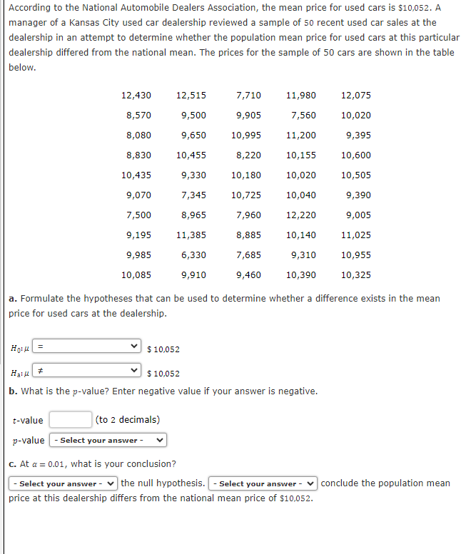 Solved According to the National Automobile Dealers | Chegg.com