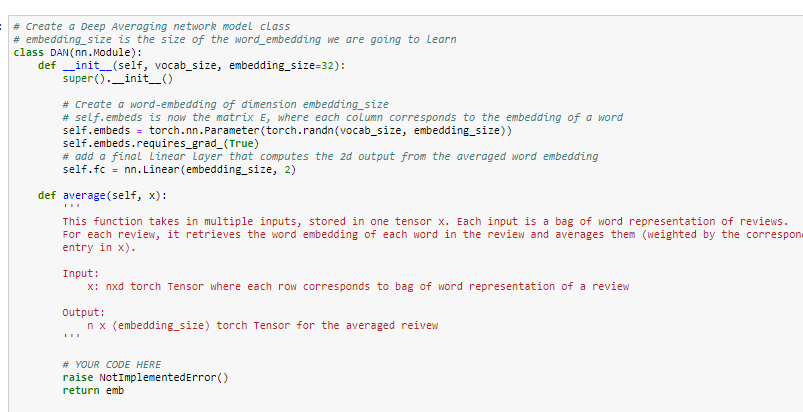 Part Two: Implement a Deep Averaging Network (Graded] | Chegg.com