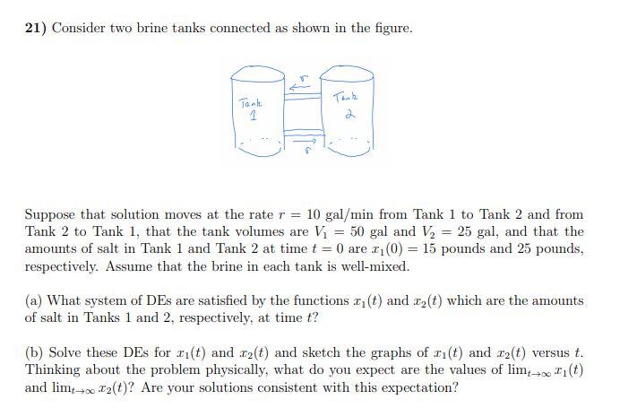 Solved 21) Consider two brine tanks connected as shown in | Chegg.com