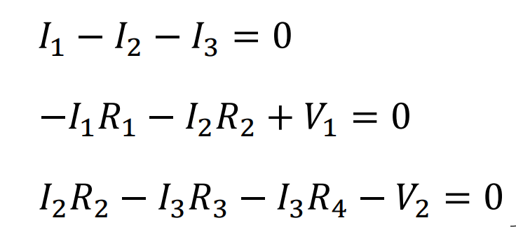 Solved I1−I2−I3=0 −I1R1−I2R2+V1=0 I2R2−I3R3−I3R4−V2=0 | Chegg.com