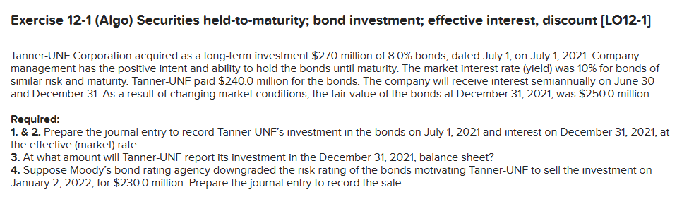 Solved Exercise 12-1 (Algo) Securities held-to-maturity; | Chegg.com