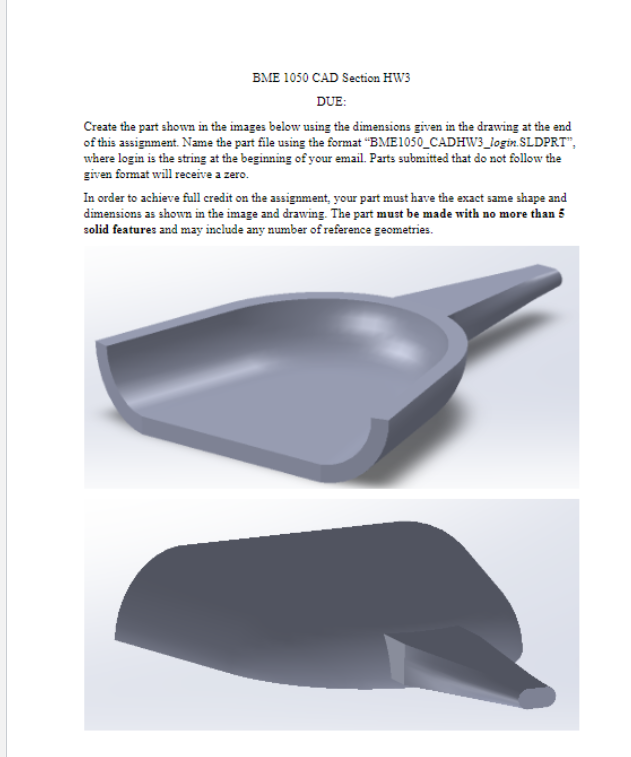 BME 1050 ﻿CAD Section HW3DUE:Create the part shown in | Chegg.com