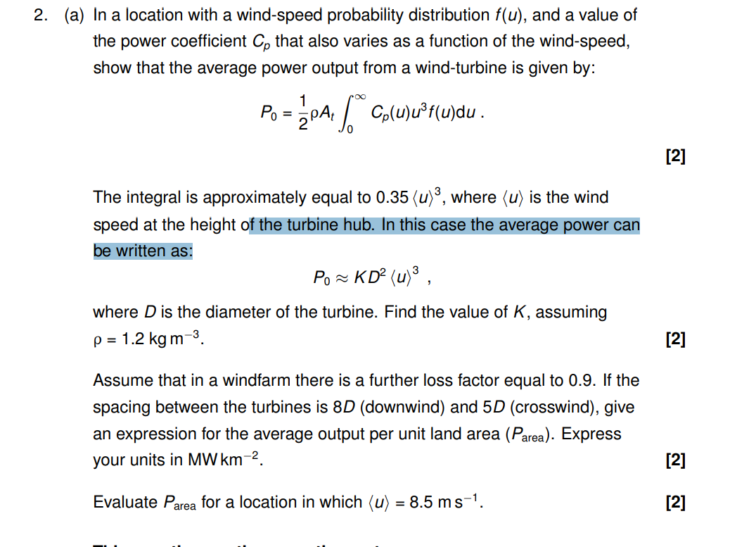 Solved 2. (a) In a location with a wind-speed probability | Chegg.com