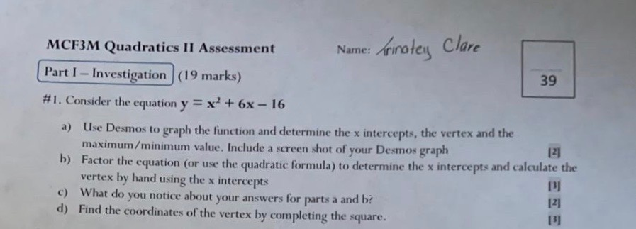 Solved MCF3M Quadratics II Assessment Part 1 - Investigation | Chegg.com