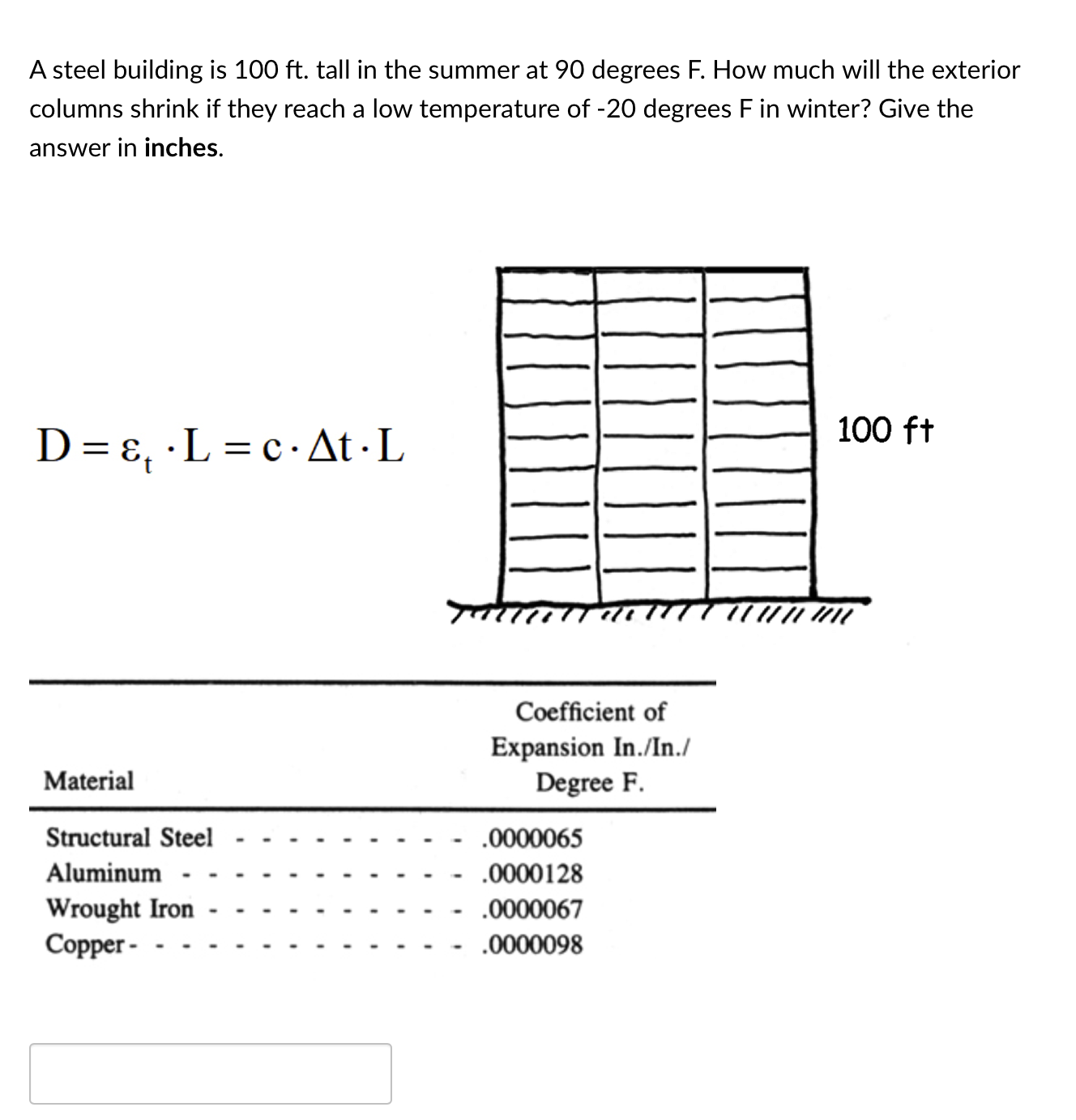 Solved A steel building is 100ft. tall in the summer at 90 | Chegg.com