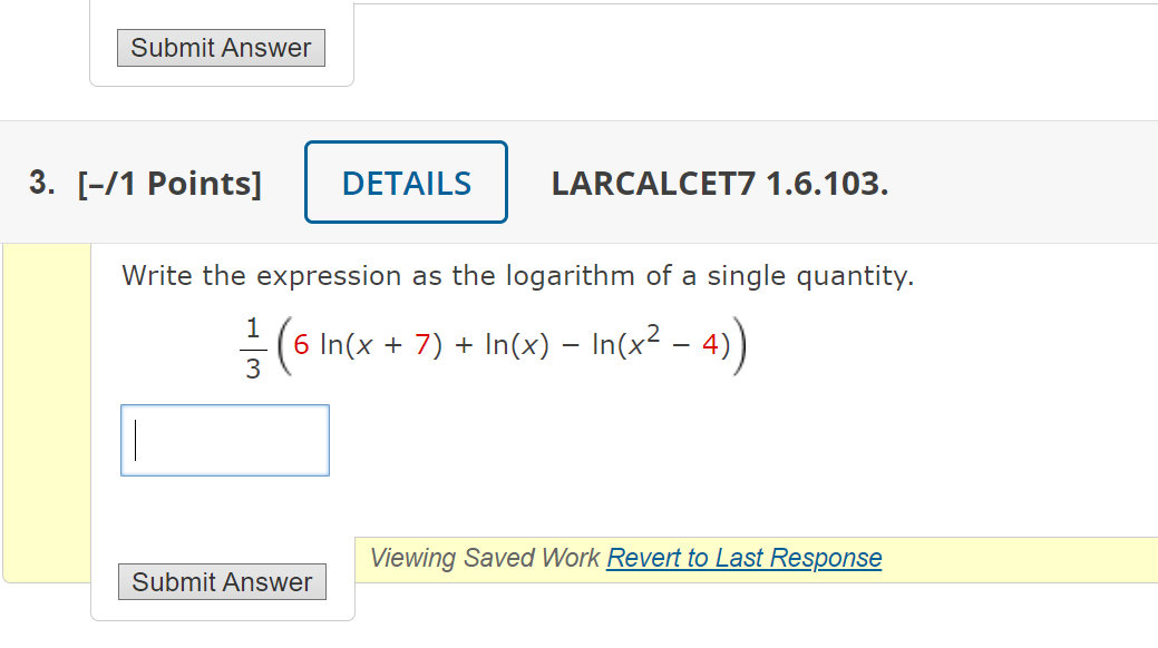 Solved 3. [-/1 Points \\( ] \\) LARCALCET7 1.6.103. Write | Chegg.com