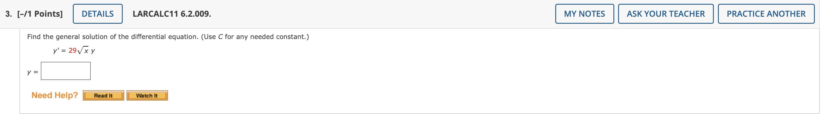 Solved [1 Points] LARCALC11 6.2.009. Find the general | Chegg.com