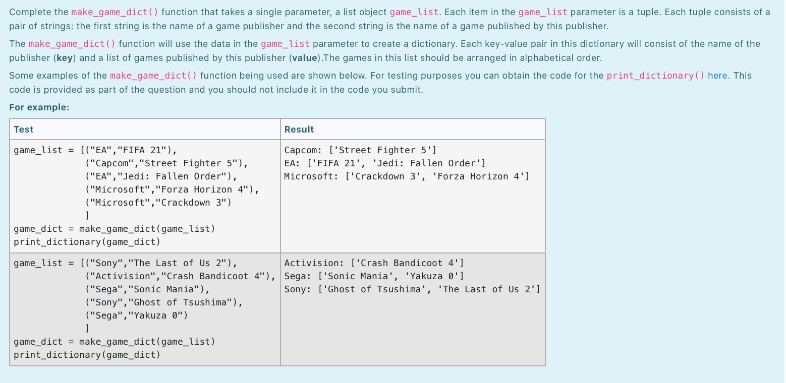 Solved Complete the make_game_dict() function that takes a | Chegg.com