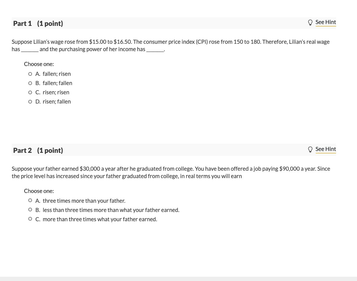 Solved Part 1 (1 point) See Hint Suppose Lilian's wage rose | Chegg.com