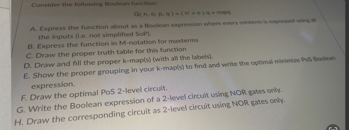 Solved G(n,o,p,q)=(n′+0)q+ nopq A. Express the function | Chegg.com