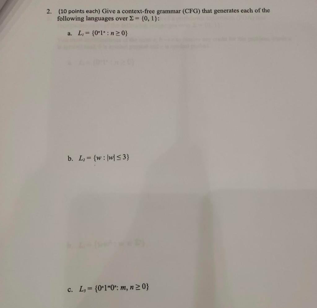 Solved 2. (10 points each) Give a context-free grammar (CFG) | Chegg.com
