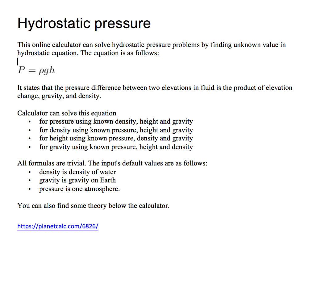 Hydrostatic pressure This online calculator can solve | Chegg.com