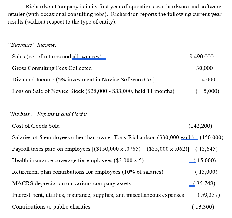 Solved Richardson Company is in its first year of operations | Chegg.com