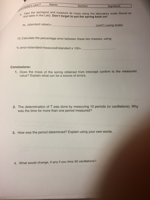 Solved SHM-Hooke's Law/6 Name: nature Section Part II. Data | Chegg.com