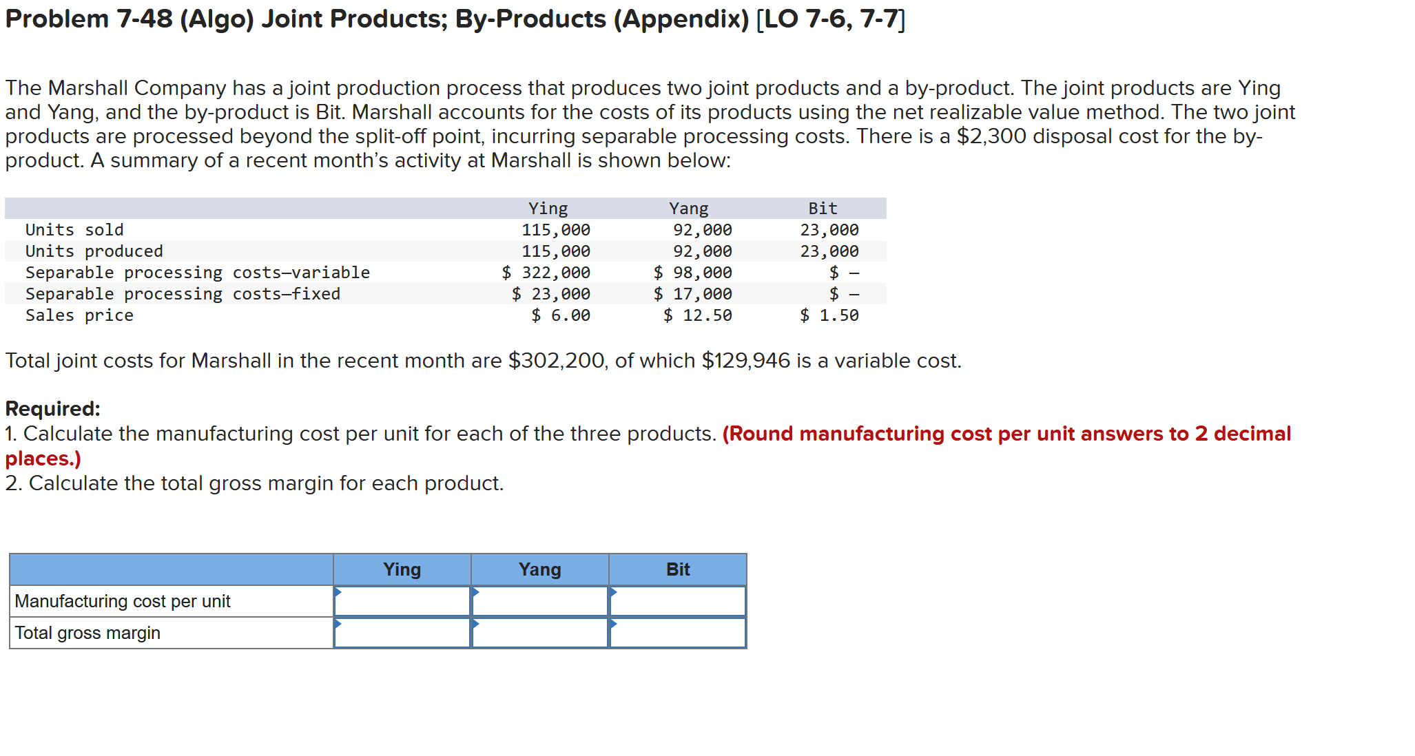 Solved The Marshall Company has a joint production process | Chegg.com